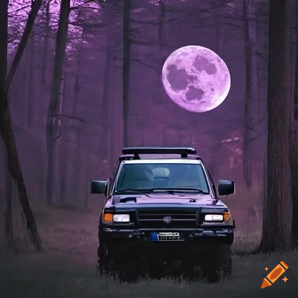 Dark green '98 Land Cruiser parked in a forest at night with purple ...