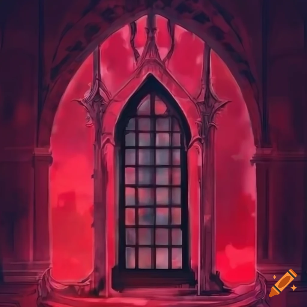 Red gothic window in anime art style on Craiyon