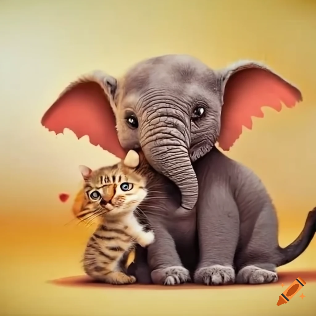 Playful kitten with wise elephant in a display of animal friendship on ...