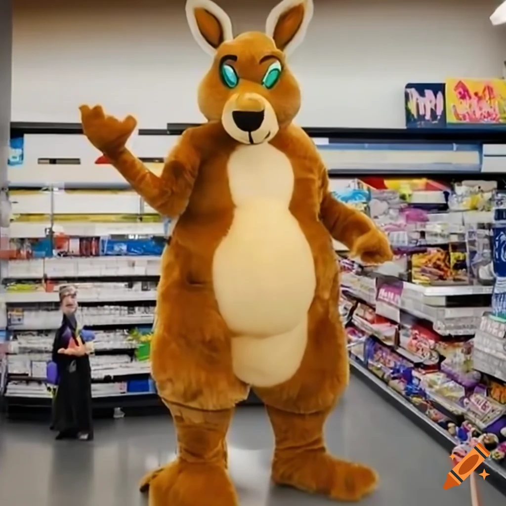 Male employee wearing a cartoony fat kangaroo mascot costume on Craiyon