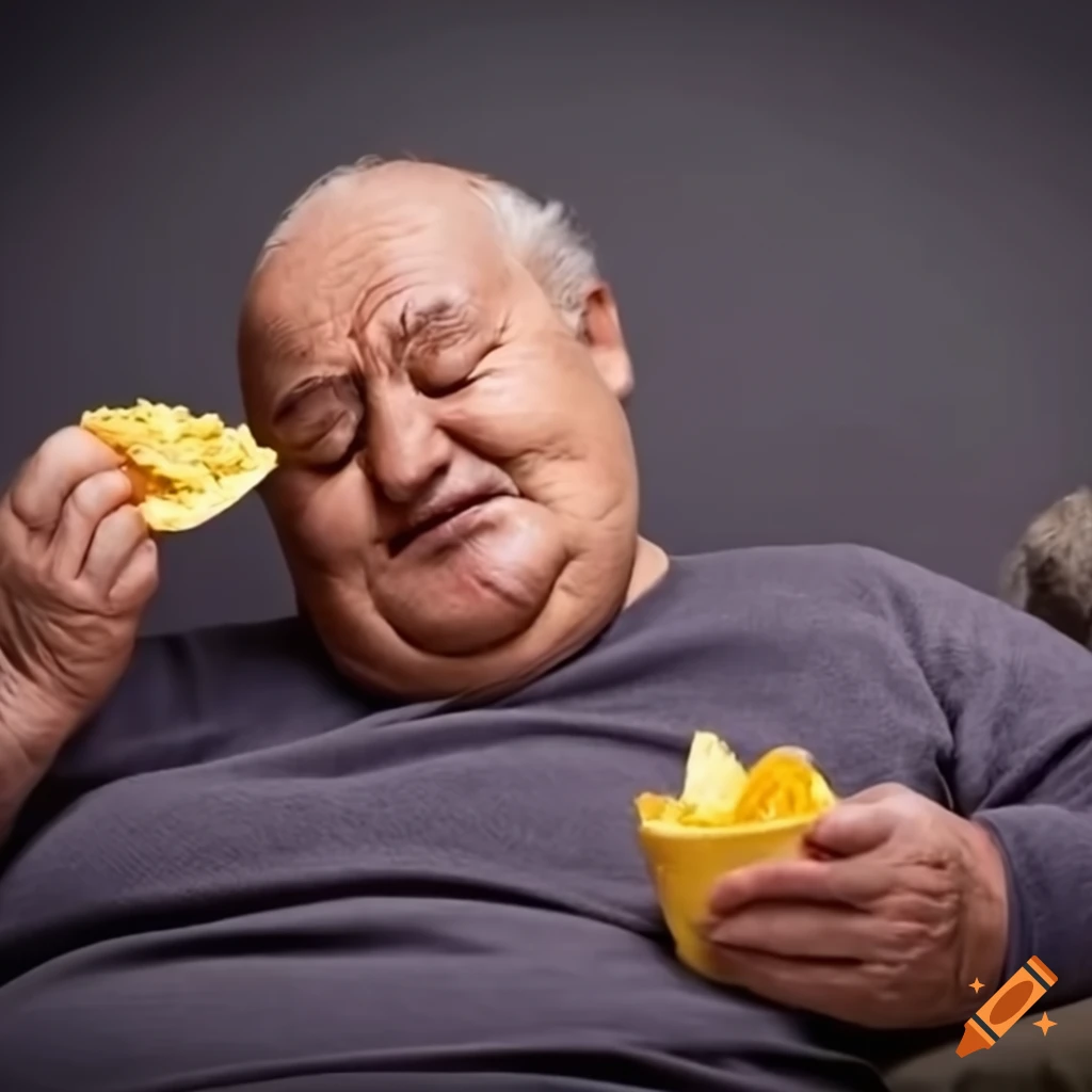Elderly man relaxing on a sofa and eating chips on Craiyon