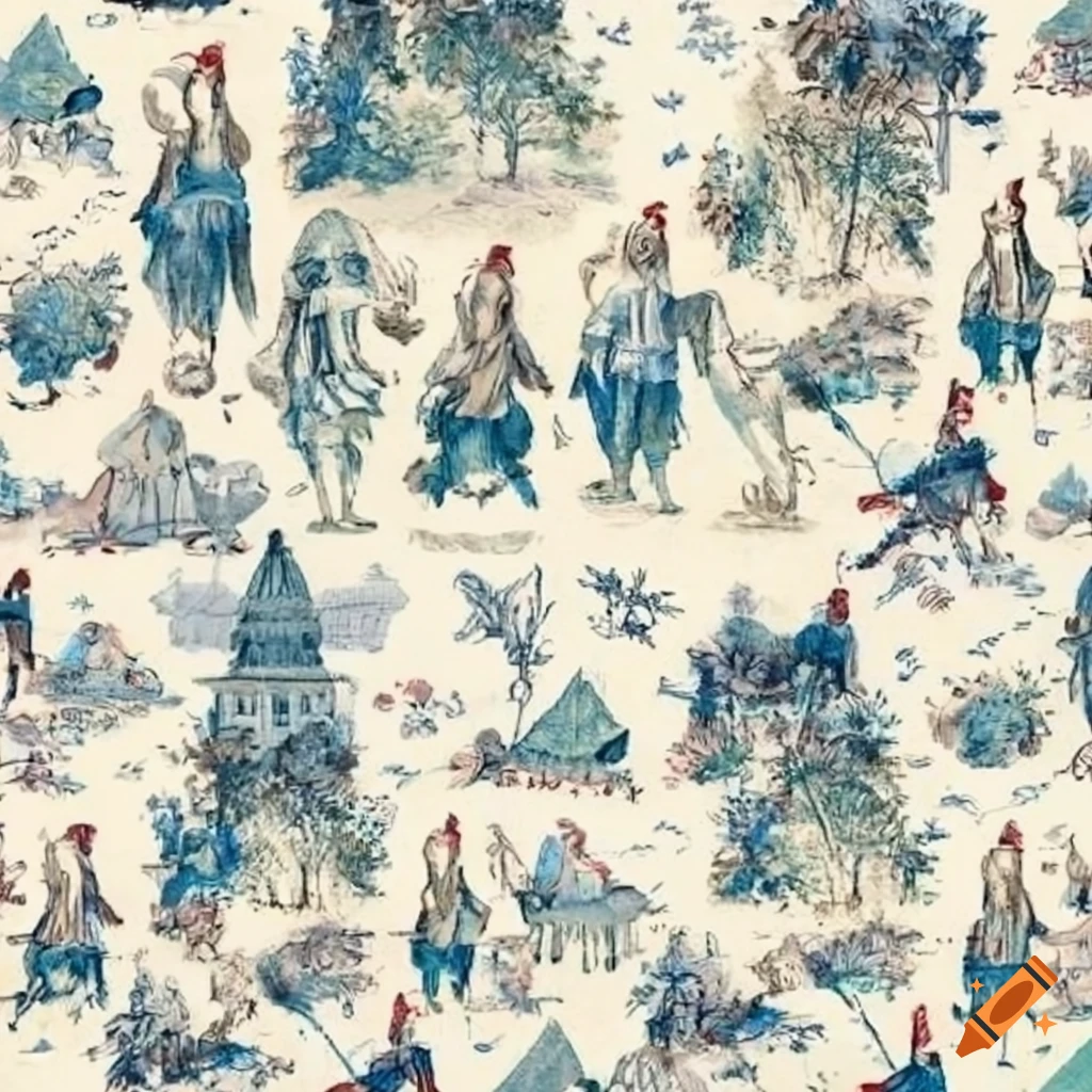 Toile de Jouy repeat pattern with futurist characters on Craiyon