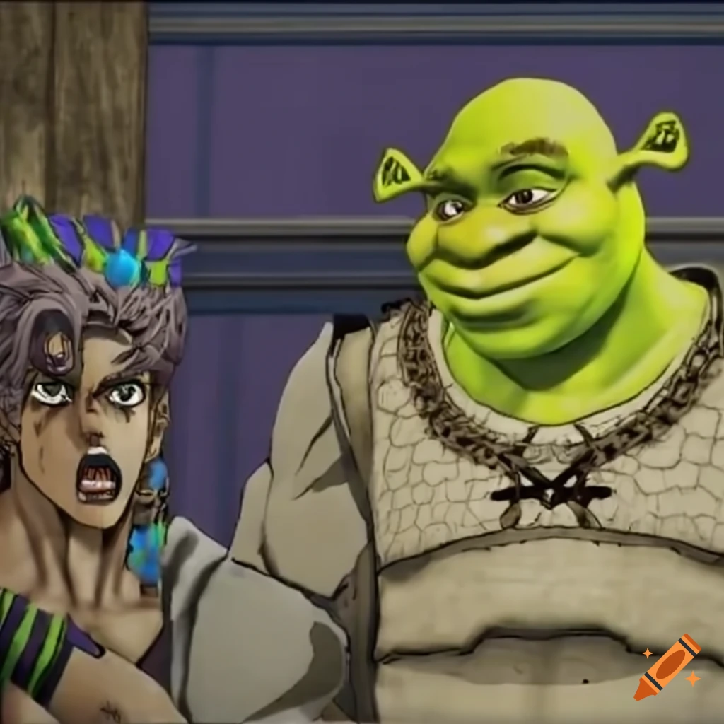 JoJo's Bizarre Adventure screenshot of Shrek in a fighter pose on Craiyon