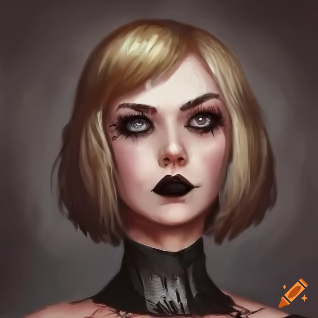 MTG art style of a goth lady with blonde bob, bangs, and black lipstick ...