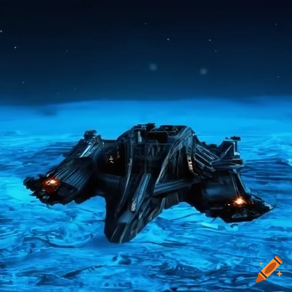 Matte black spaceship with copper accents flying over an Arctic island ...