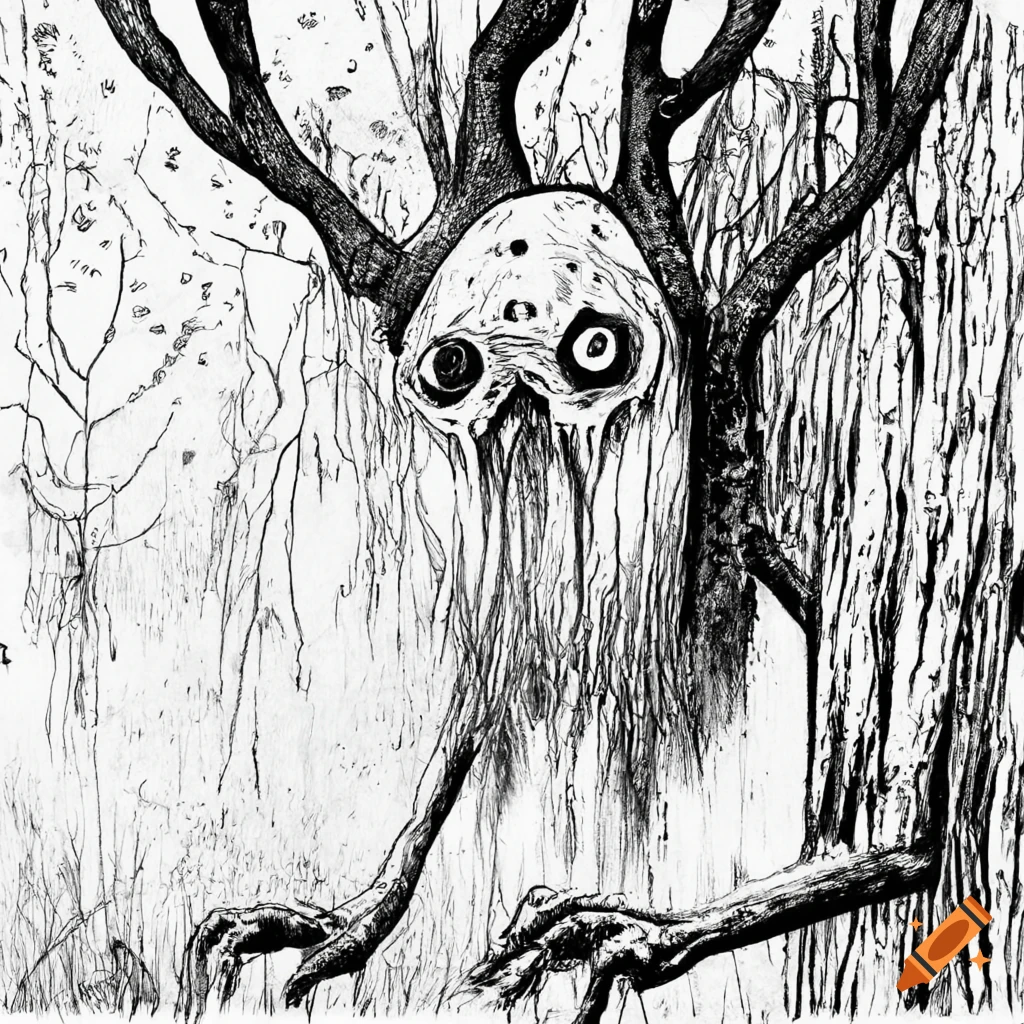 Black ink art of a wendigo/skinwalker peering through forest branches ...