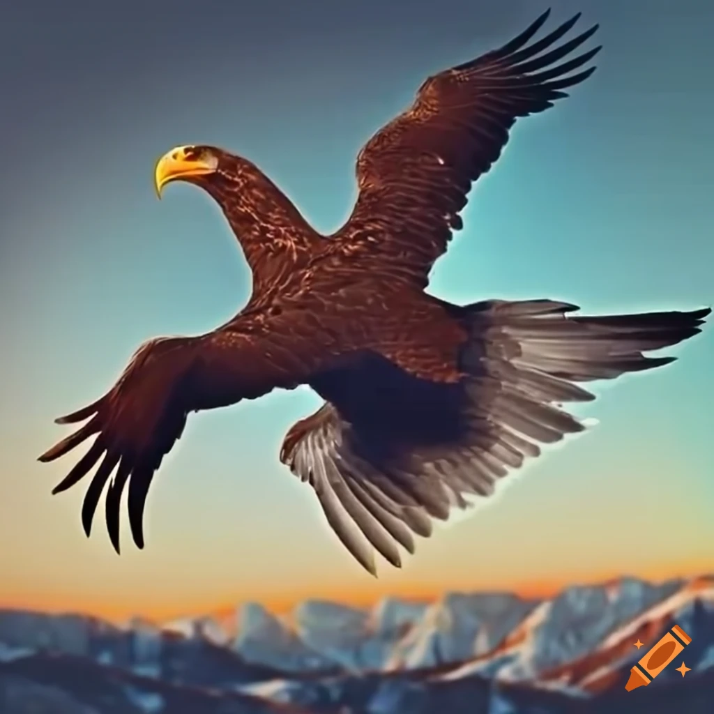 Electric wizard flying on eagle through a valley on Craiyon