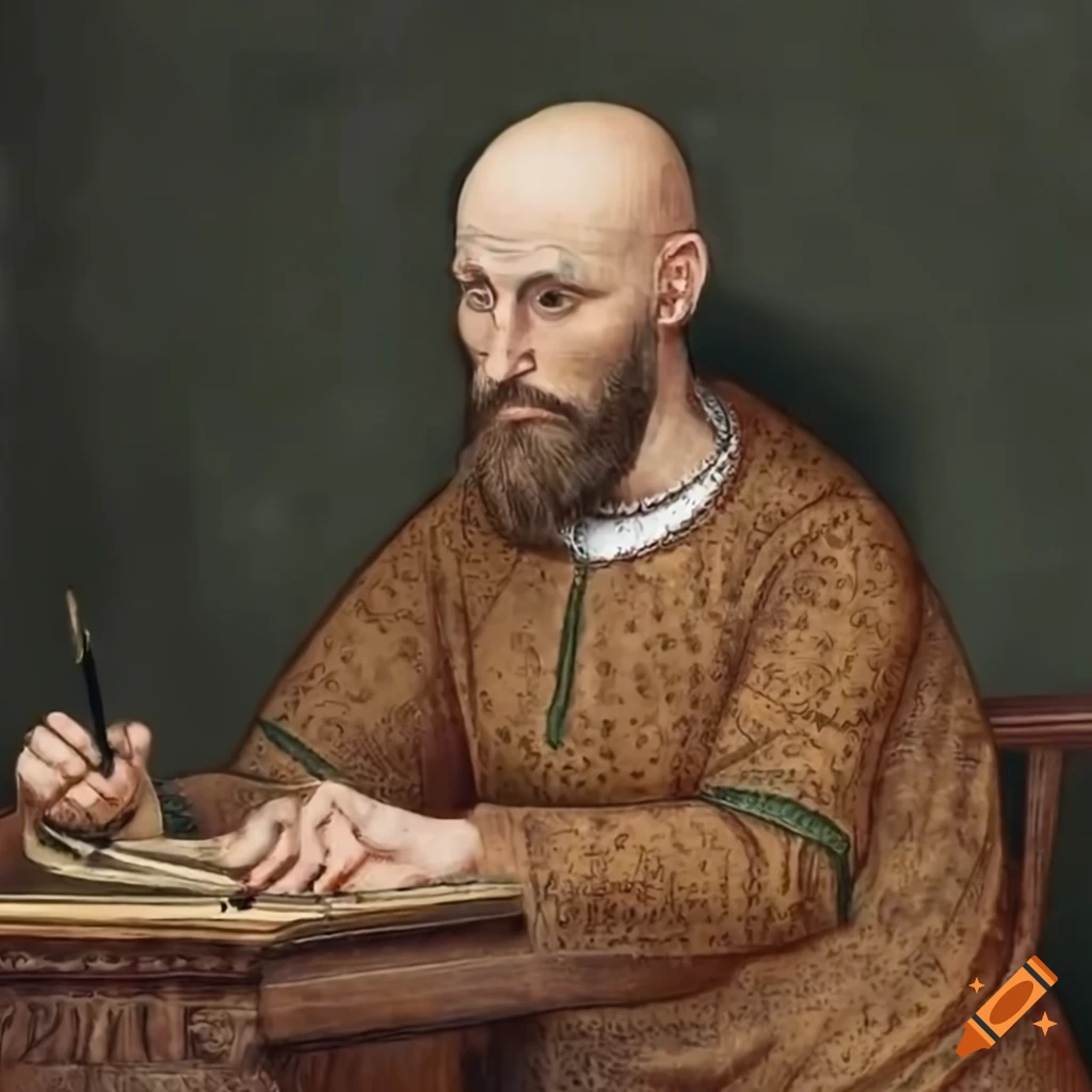 Medieval illuminated manuscript depicting a bearded man writing on a ...