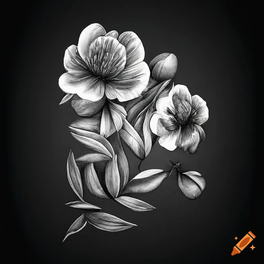 Collection of delicate black and white sketchical flower drawings on ...