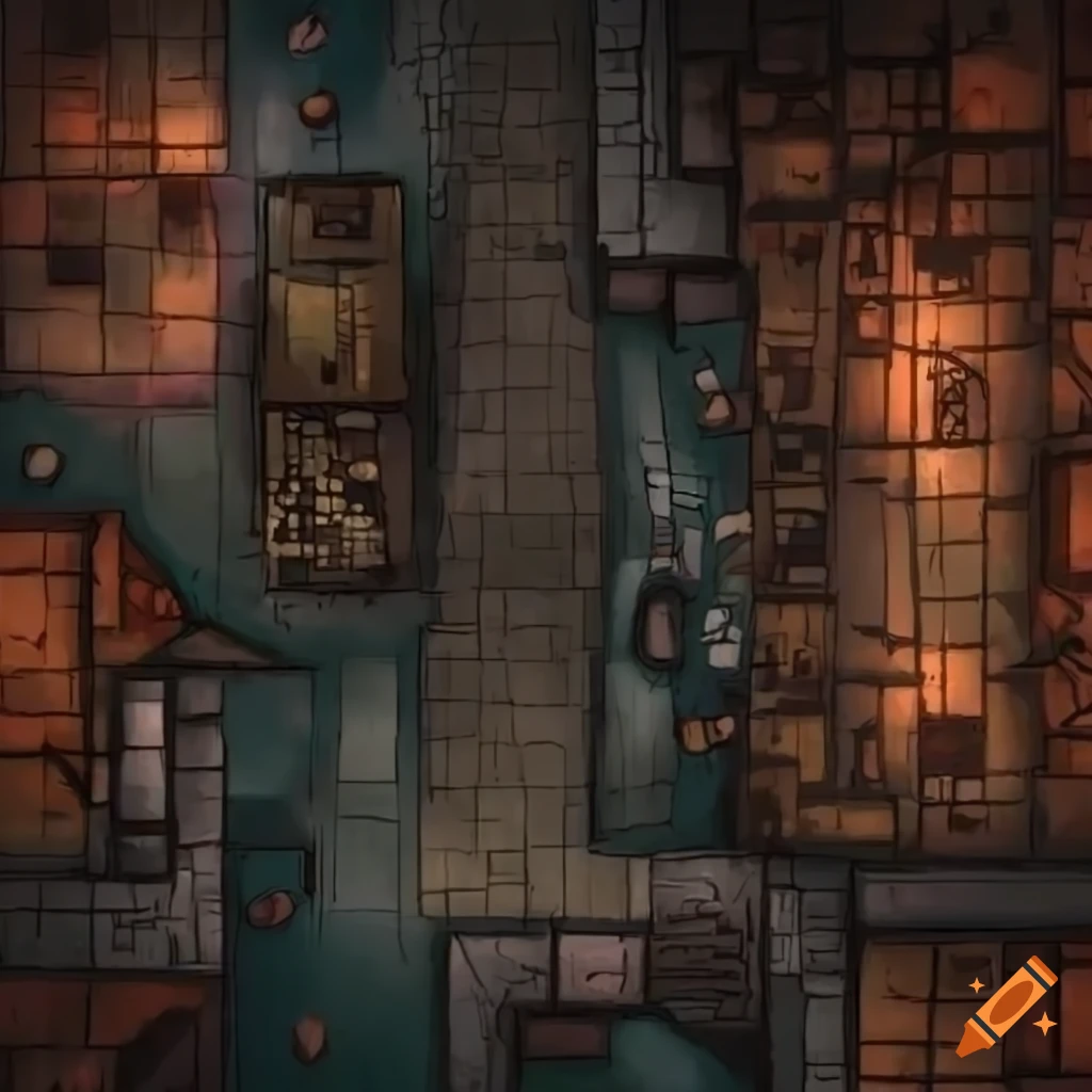 Dnd combat map of a city street on Craiyon