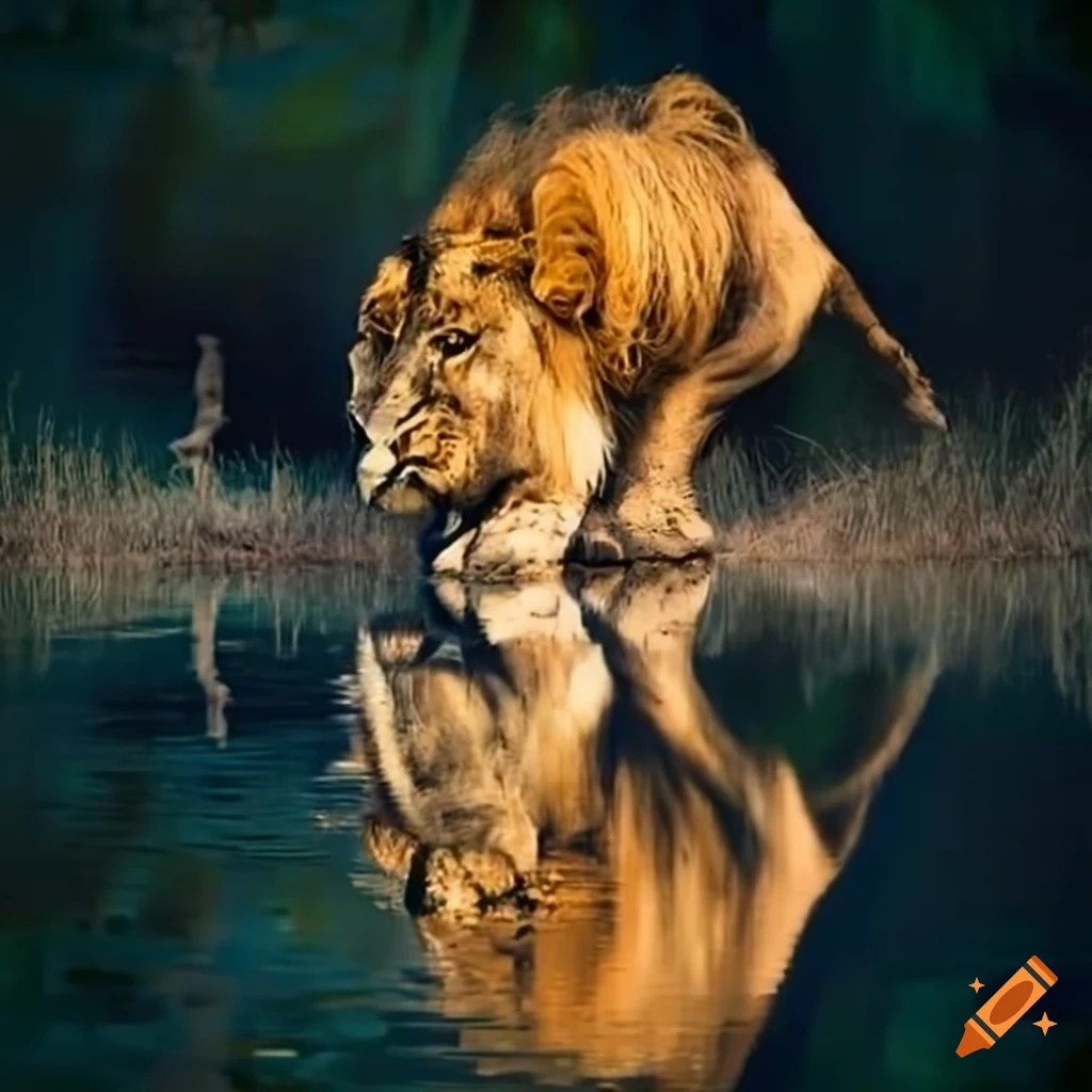 Lion boy admiring his reflection on the water on Craiyon