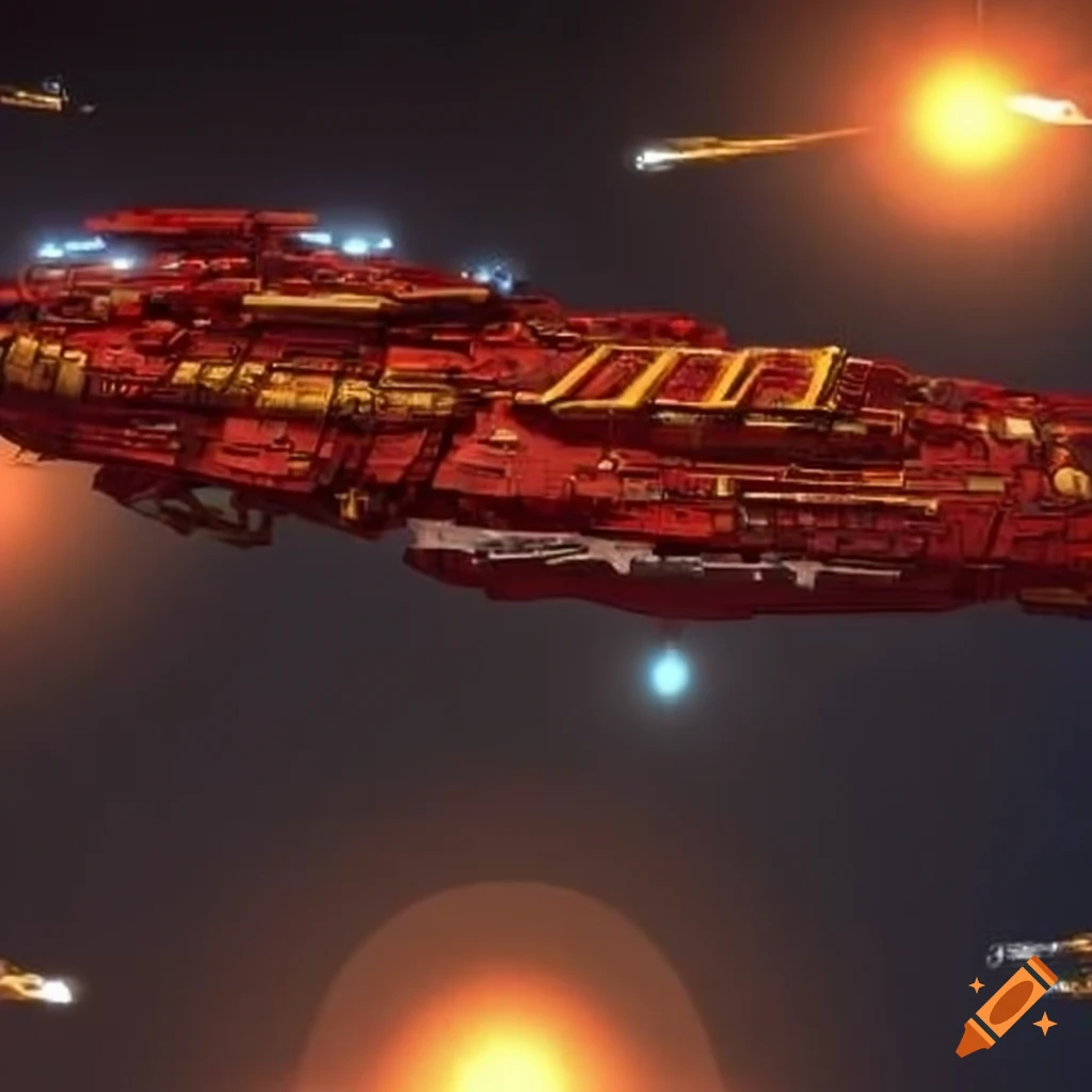 Sci-fi futuristic red and gold space battleship inspired by the ...