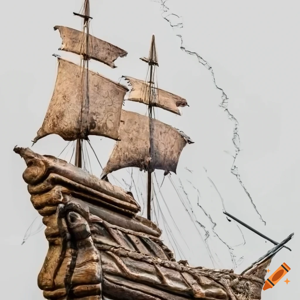 Stone and bronze ship with broken masts and torn sails on white ...
