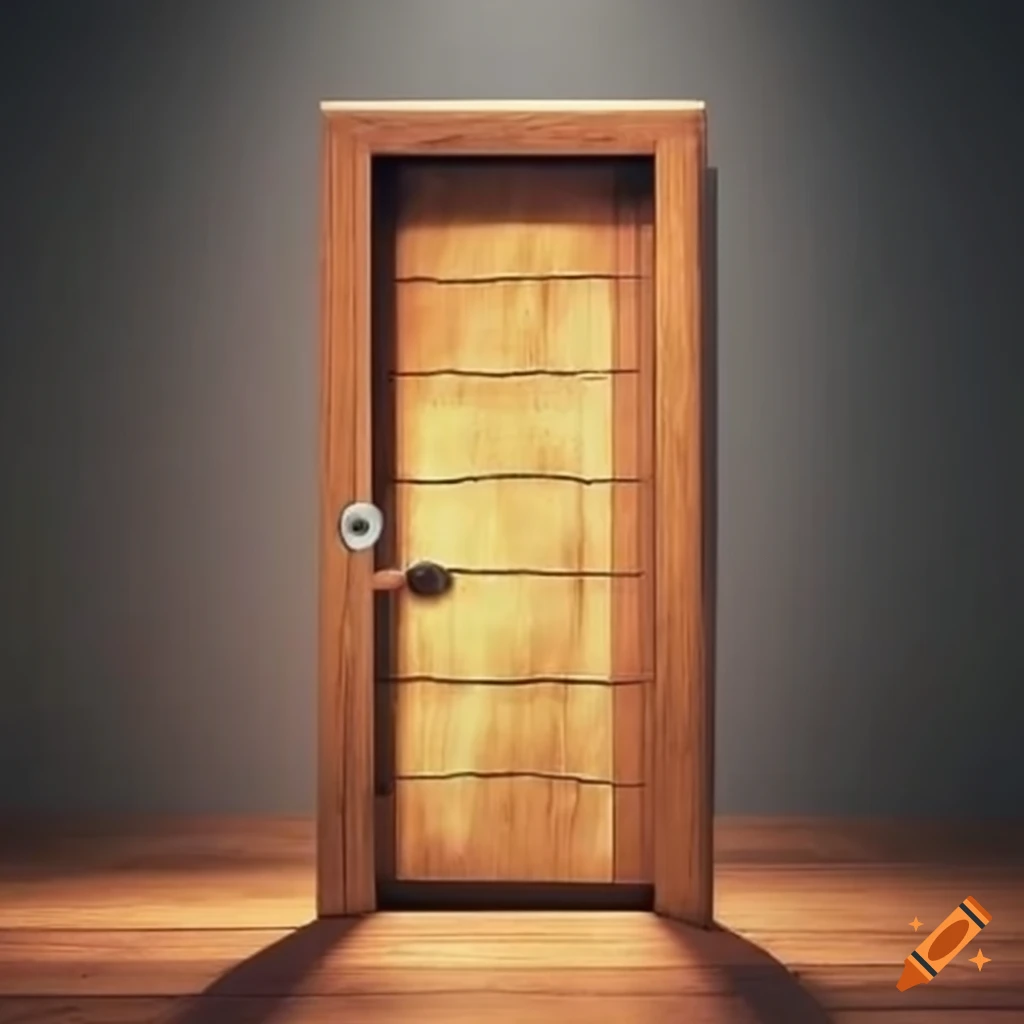 Realistic wooden bedroom door, front view, in a pixar style on Craiyon