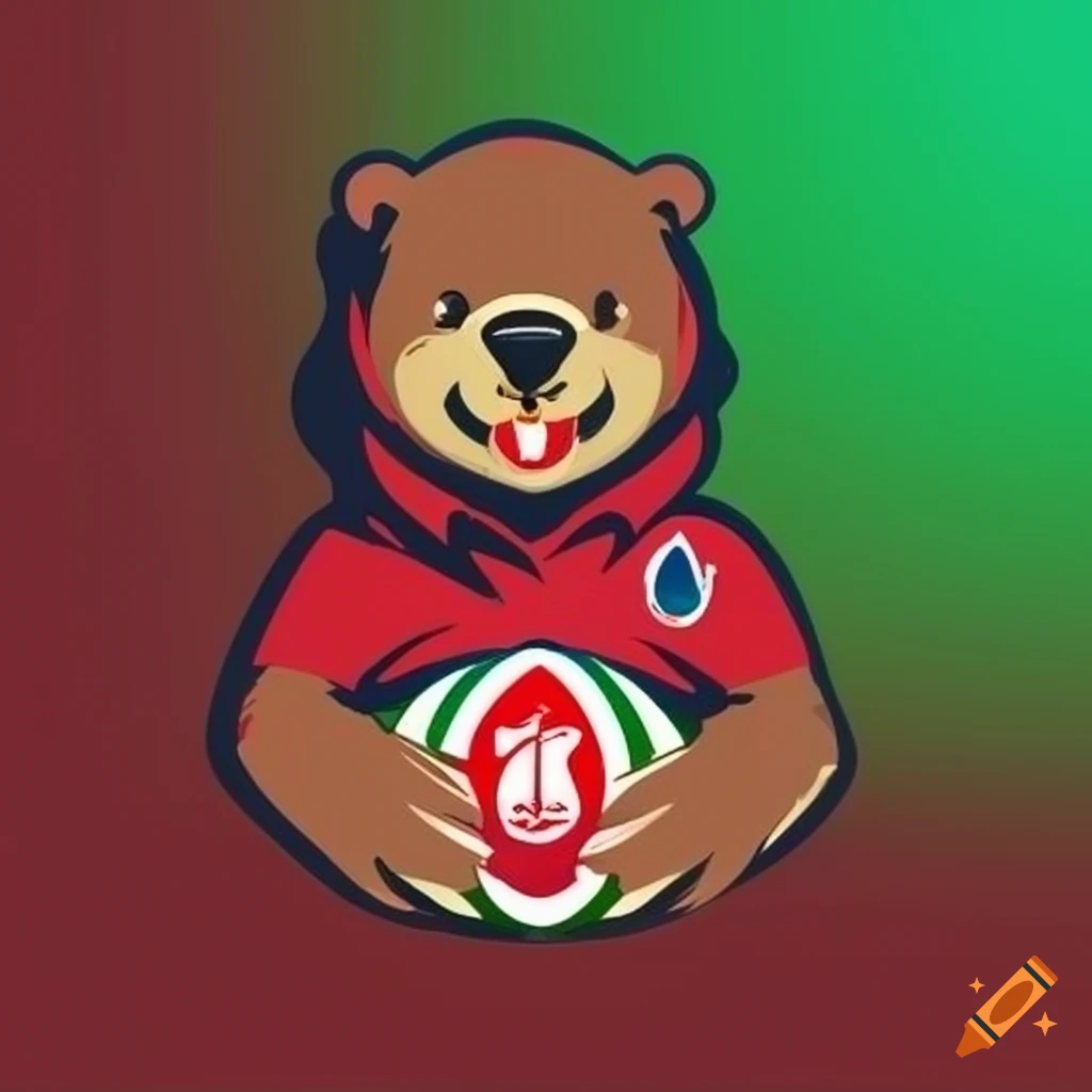 Rugby club logo with a bear cub in green and red colors on Craiyon
