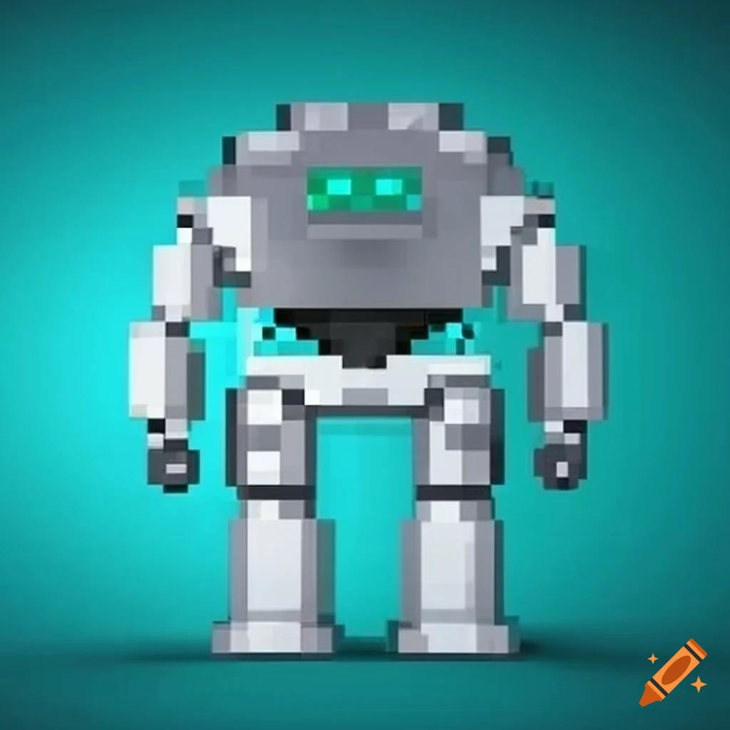 Pixel art robot with white body and blue eyes and accents on Craiyon