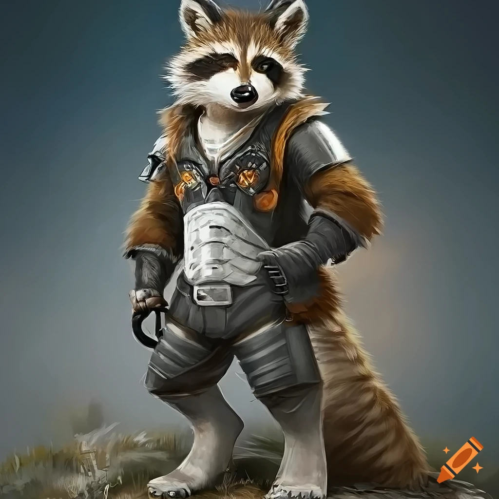 Full body portrait of a strong male anthro furry raccoon in modern ...