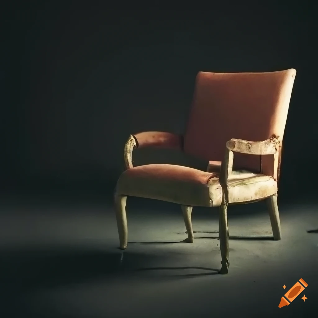 Abandoned worn leather chair with stuffing spilling out under indirect ...