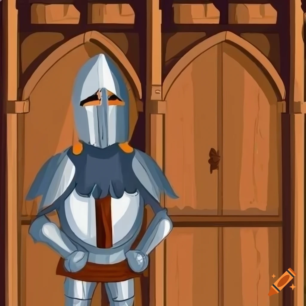 Guard knight in front of medieval castle wood gate in cartoon style on ...