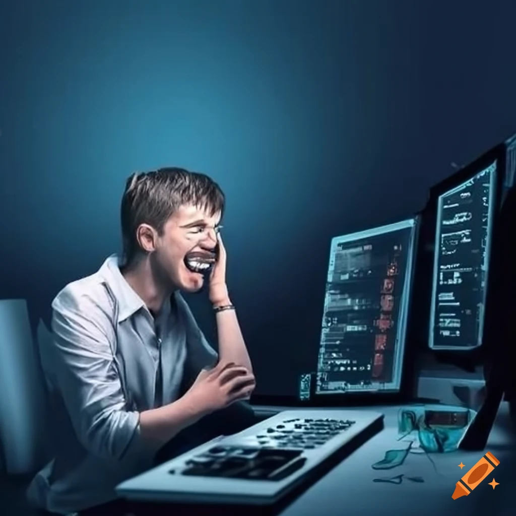 Two software engineers at computers, one happy and the other frustrated ...