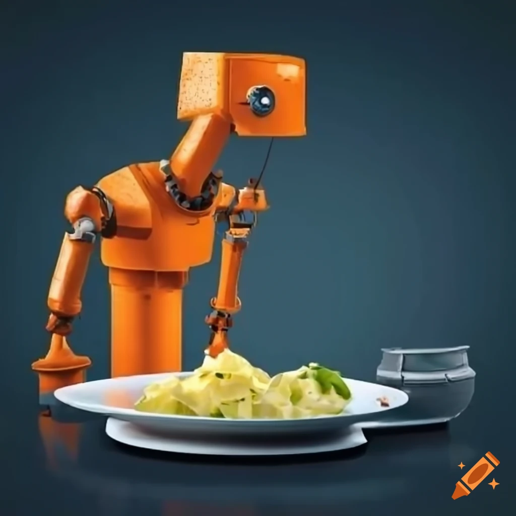 Two orange industrial robots working on a plate with schnitzel and ...
