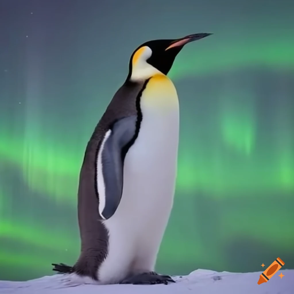 Baby emperor penguin observing the northern lights on Craiyon