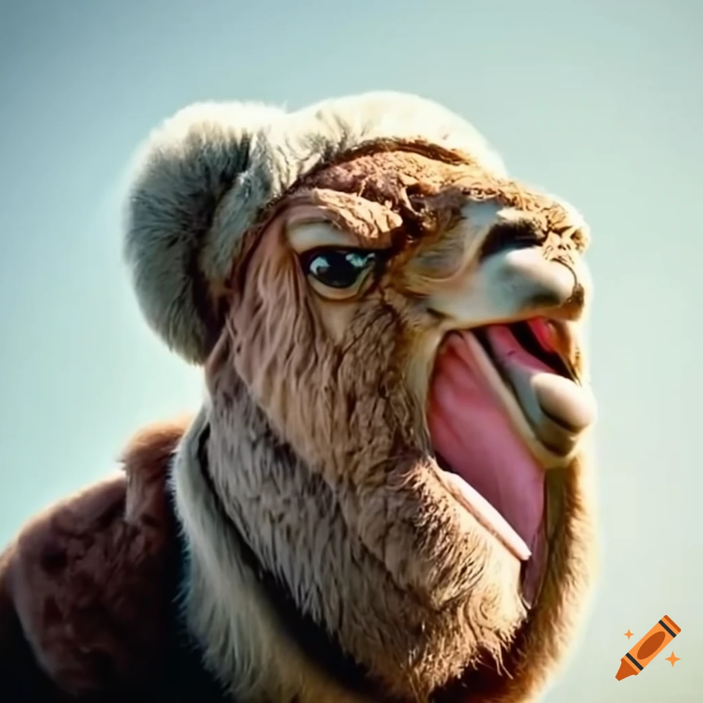 Nicolas Cage screaming at an alpaca in a bonnet in a film still on Craiyon