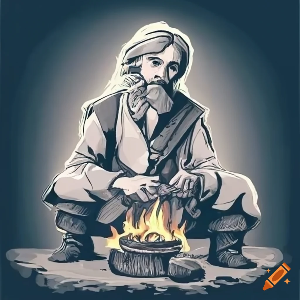 Bard telling a story to companions by a campfire on a dirt road on Craiyon