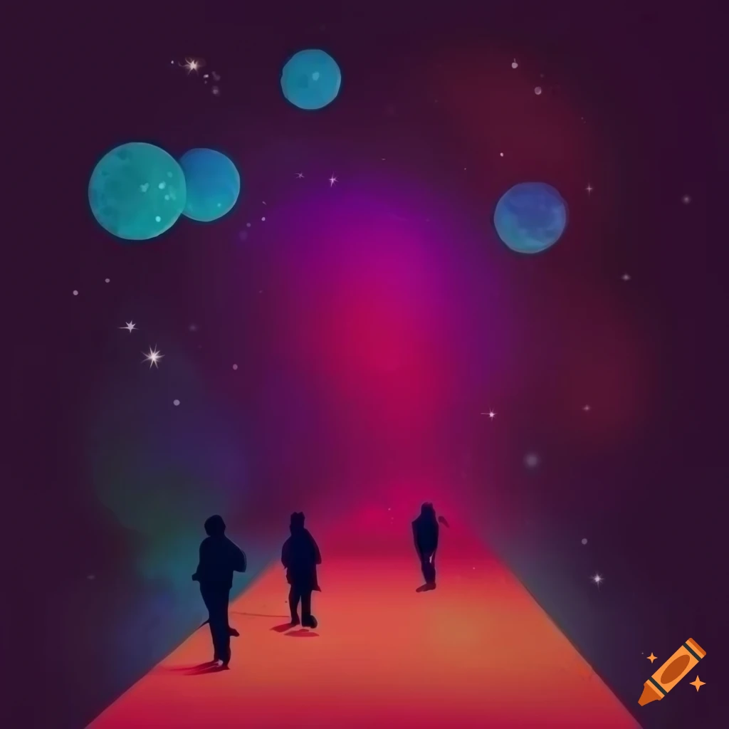 Colorful space illustration with people walking in darkness on Craiyon