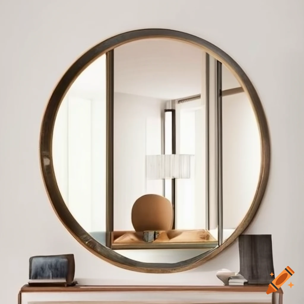 Entryway with oval mirror reflecting the room's elements on Craiyon