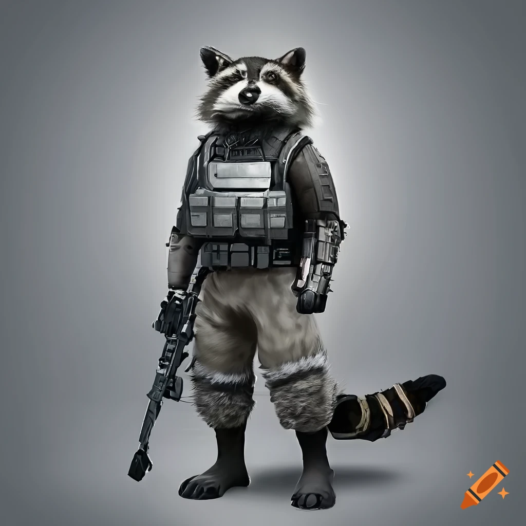 Anthro raccoon in modern tactical body armor, traditional oil painting ...