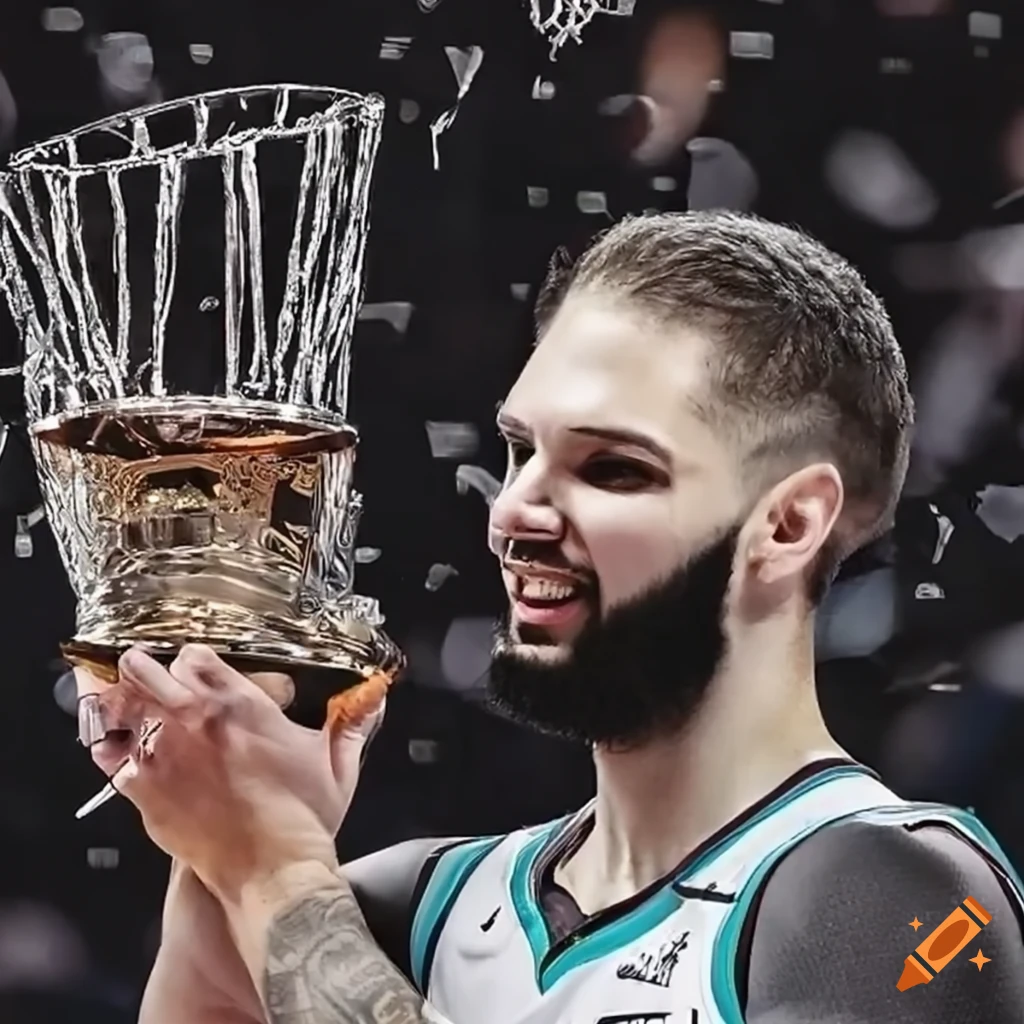 Evan fournier holding mvp trophy on Craiyon