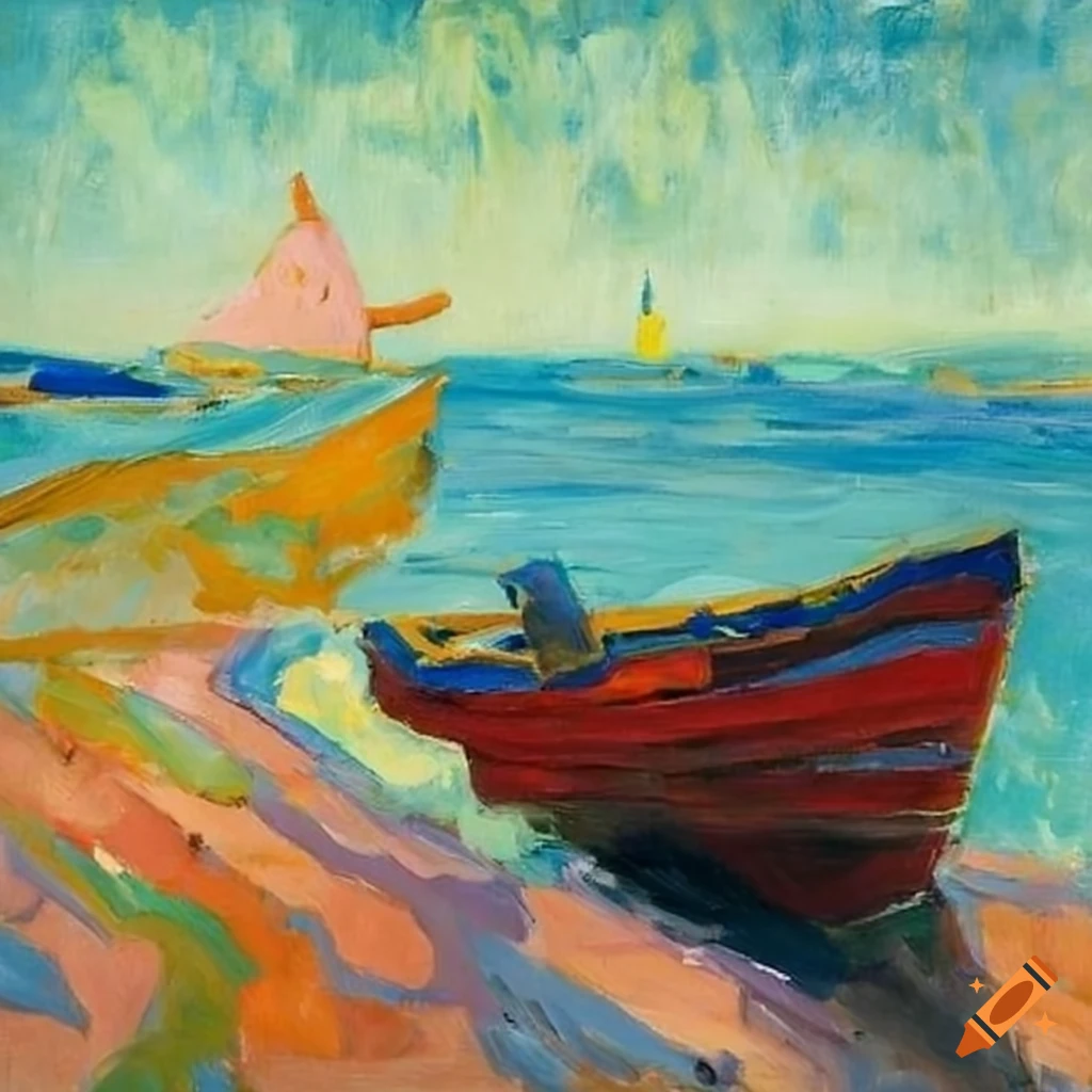 Beach with a boat painting by Karl Schmidt-Rottluff on Craiyon