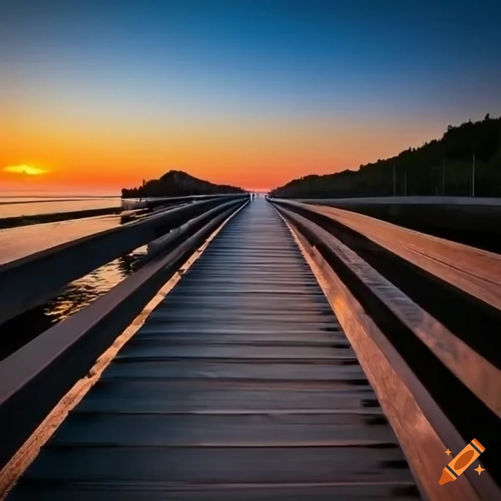 Bridge to nowhere with a beautiful sunset in the background on Craiyon