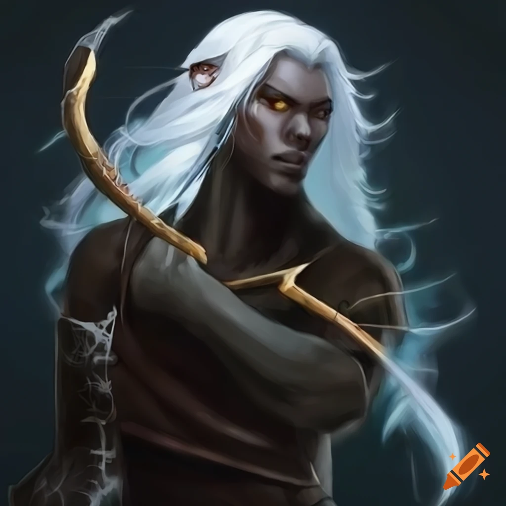Dark Skinned Elf Ranger With Yellow Eyes Long White Hair Male Holding A Bow And Arrow In