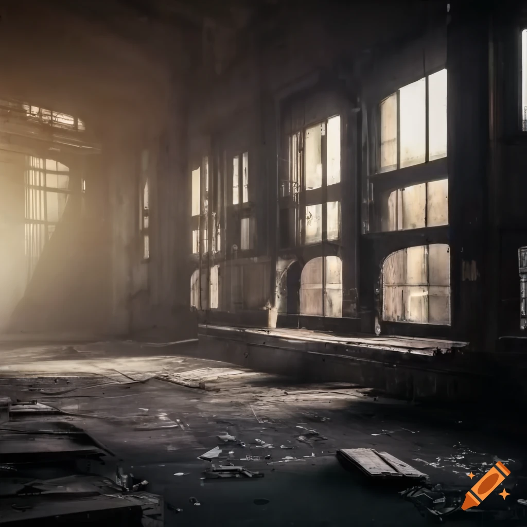 Interior of a bright foggy abandoned factory with old machines on Craiyon