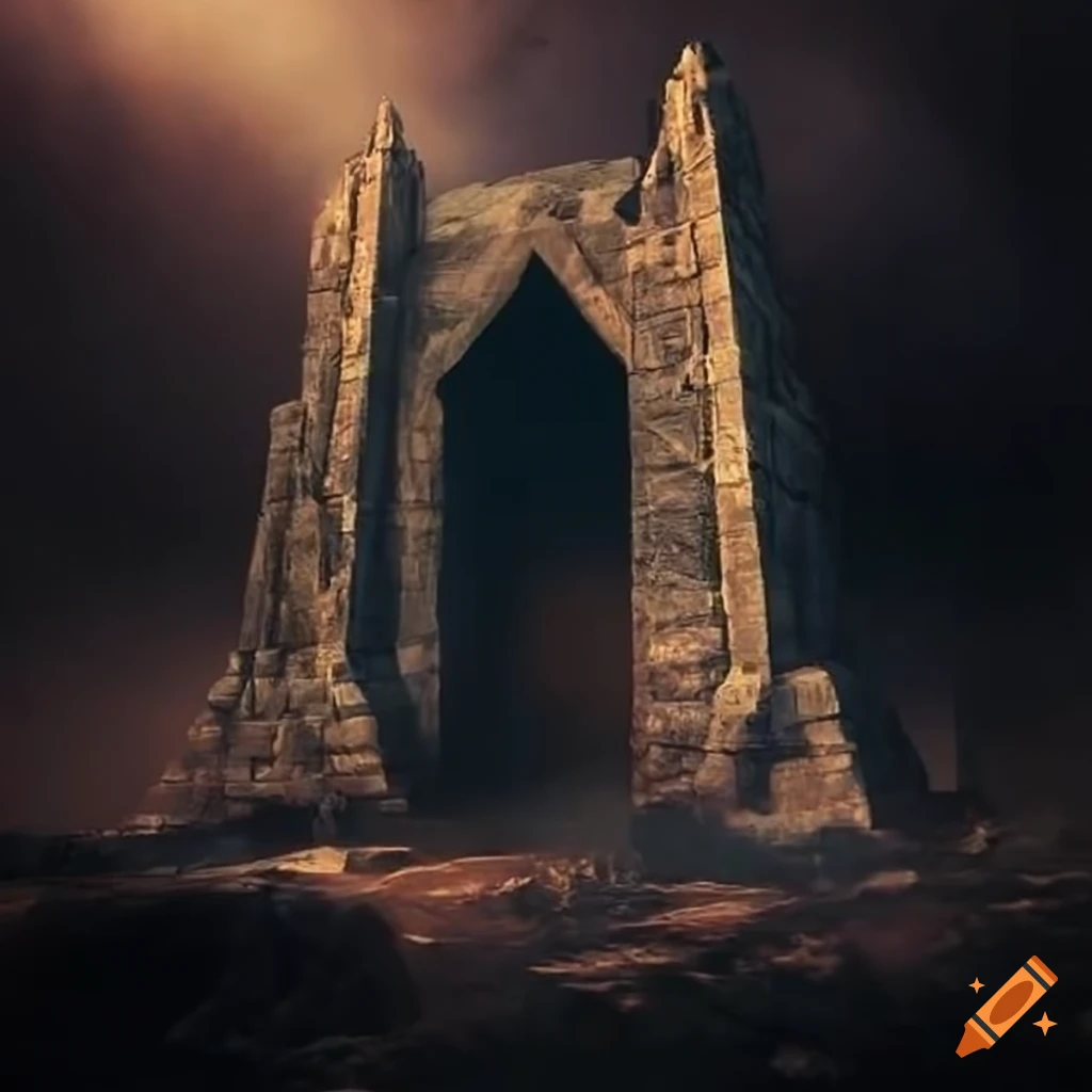 Entrance to large apocalyptic stone towers on Craiyon