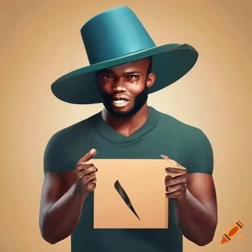 Man with a hat holding a sign in a village setting on Craiyon