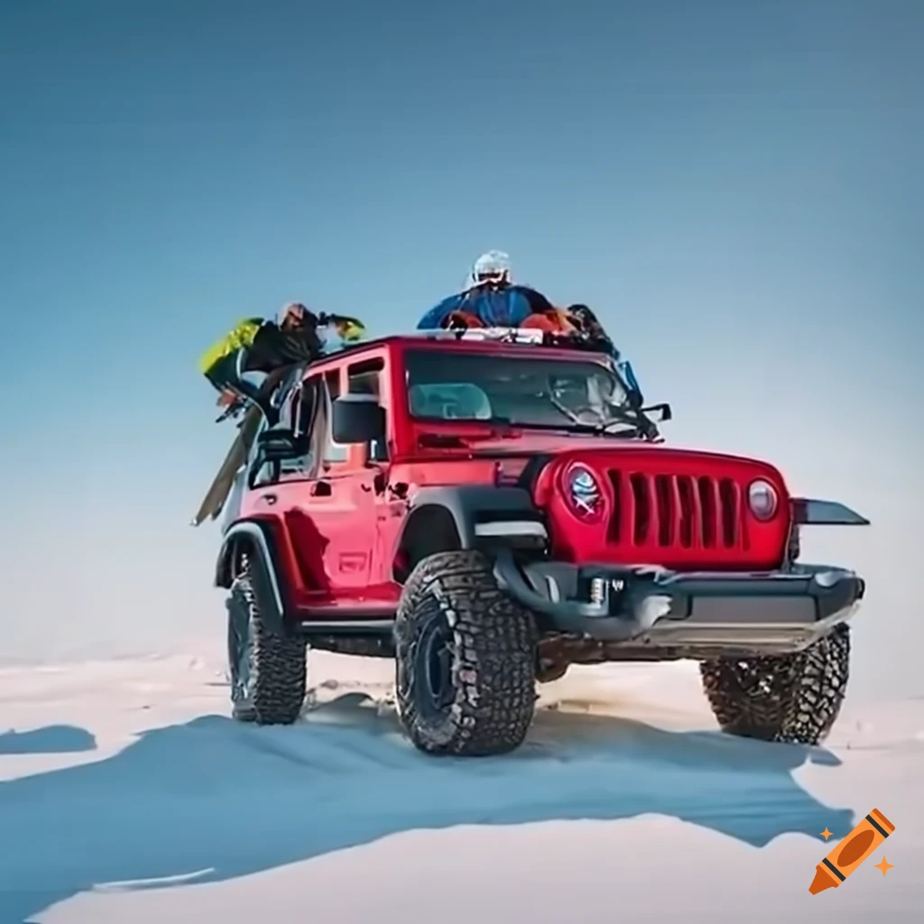 Muscular snowboarders posing on the roof of a red jeep wrangler on Craiyon