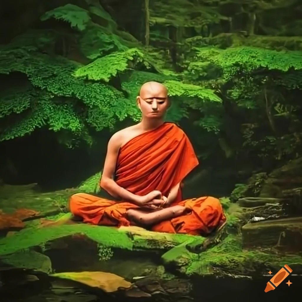 Enlightened monk meditating in a beautiful temple surrounded by nature ...