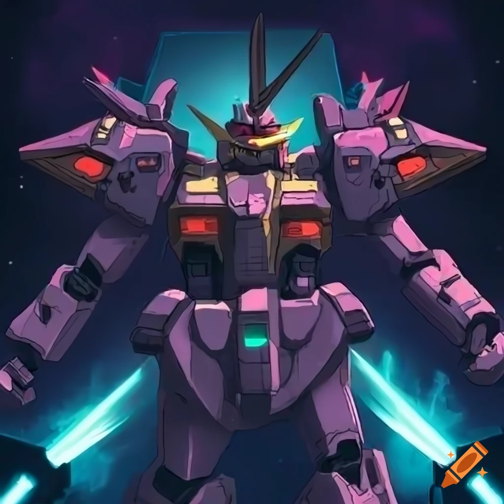 Armored gundam with staff-weapon flying through space on Craiyon