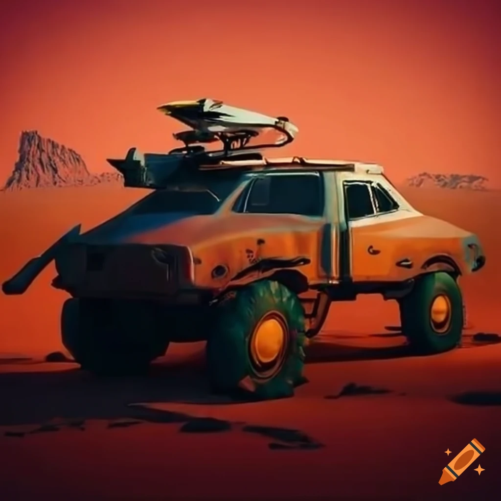 Futuristic four-legged car in bright colors in a post-apocalyptic ...