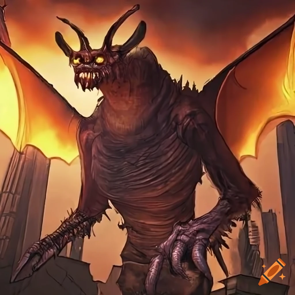 Bat-like creature with horns and fiery eyes in a post-apocalyptic ...