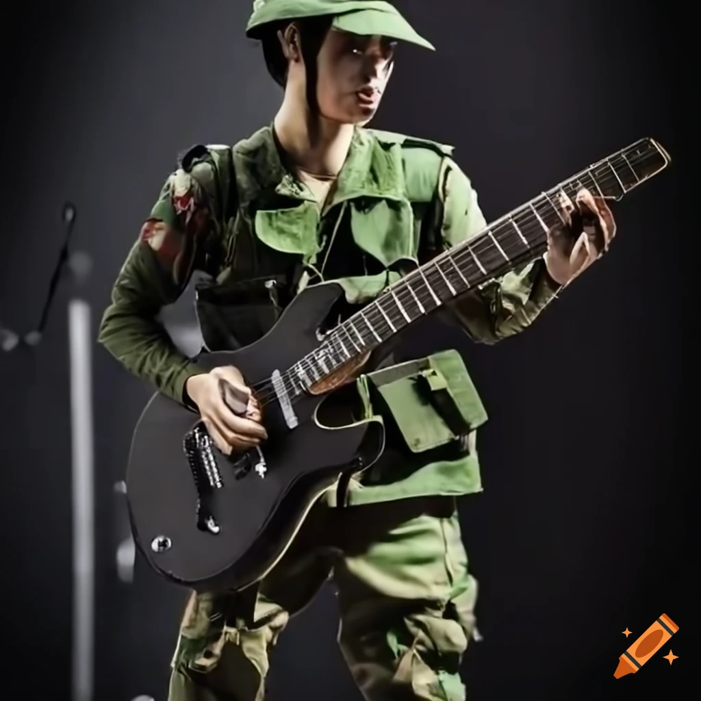 Guitarist on stage with bulletproof vest and military cap on Craiyon