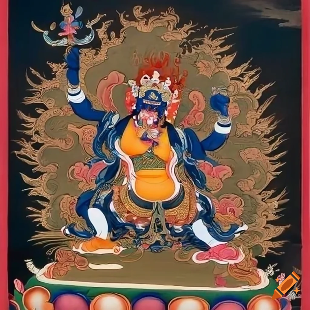 Yamantaka thangka with 36 arms holding ancient weapons and drikung and ...