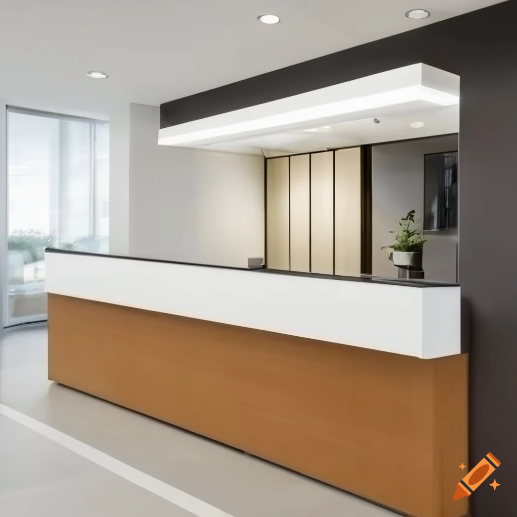 Modern office reception area with desk, plants, and high ceiling on Craiyon