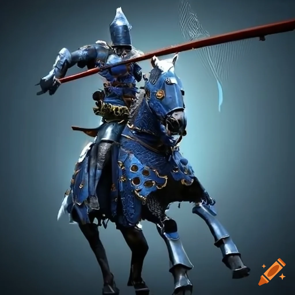 Knights riding into battle on blue-steel armored horses on Craiyon