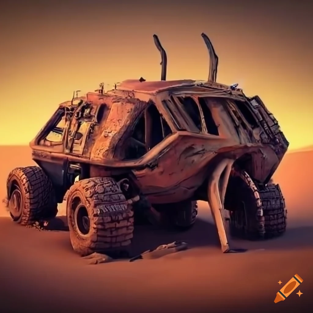 Futuristic four-legged car in bright colors in a post-apocalyptic ...