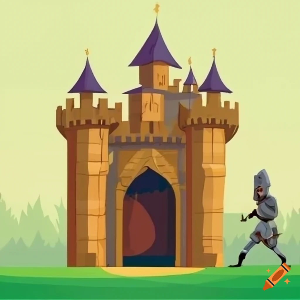 Guard knight in front of a wooden gate of a medieval castle in cartoon ...