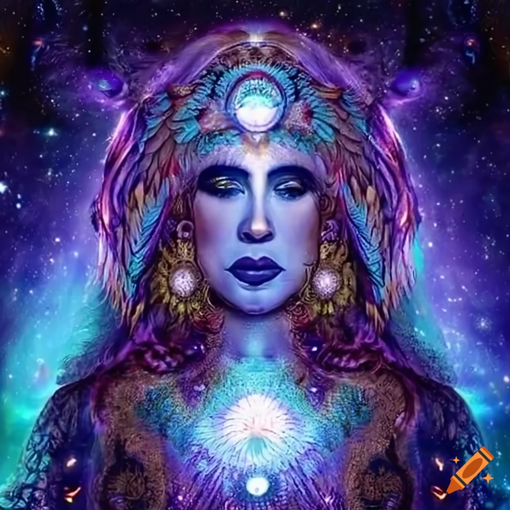Portrait of a goddess with a shimmering phoenix in a blue galactic ...